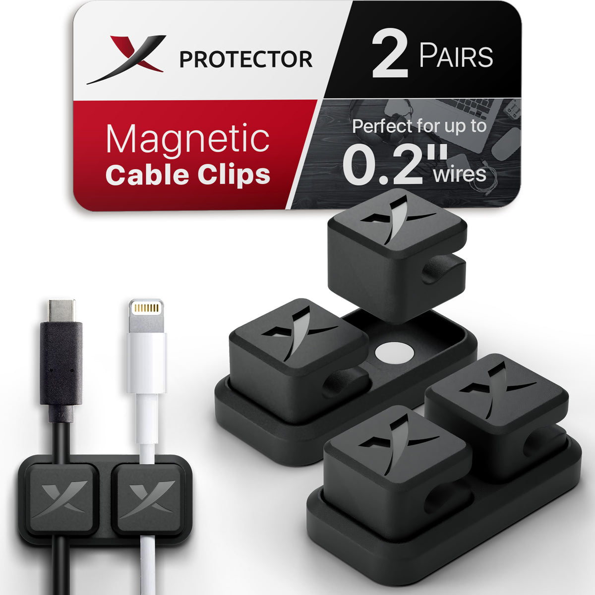 Premium Magnetic Cable Holders by X-Protector - 2 Pairs Cable Clips