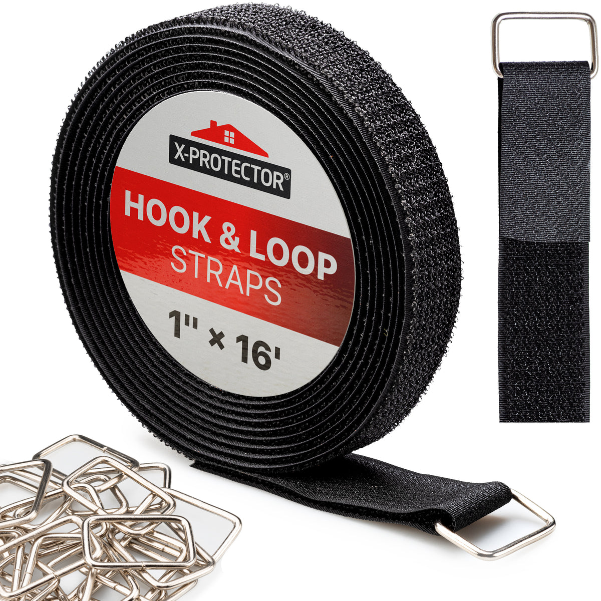 16ft x 1in with 50 Buckles Black Hook & Loop Straps by X-Protector